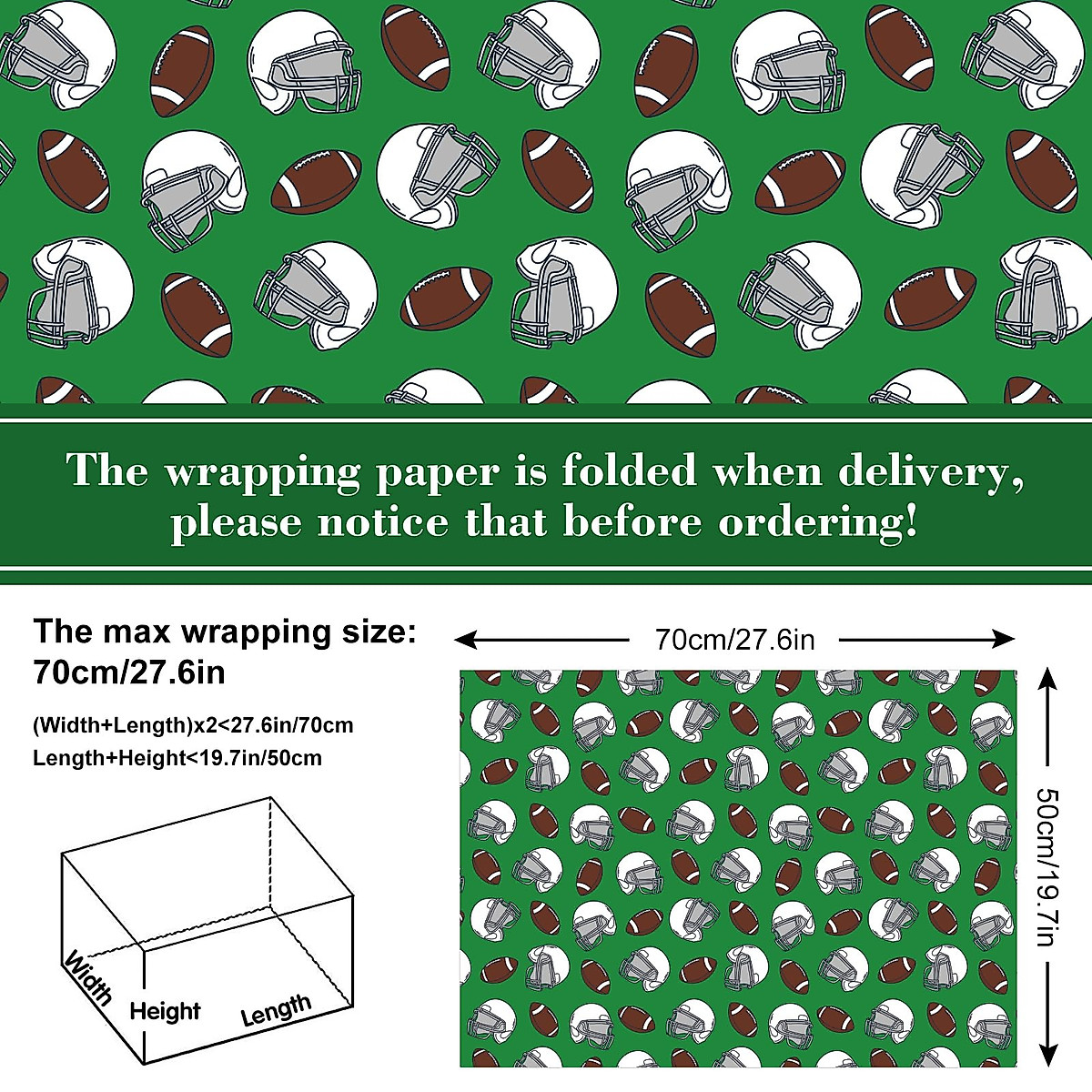 AnyDesign 12 Sheet Rugby Wrapping Paper Football Helmet Gift Wrap Paper Bulk White Green Brown Art Paper for DIY Crafts Sport Events Wedding Birthday Gift Packing, 19.7 x 27.6 Inch, Folded Flat