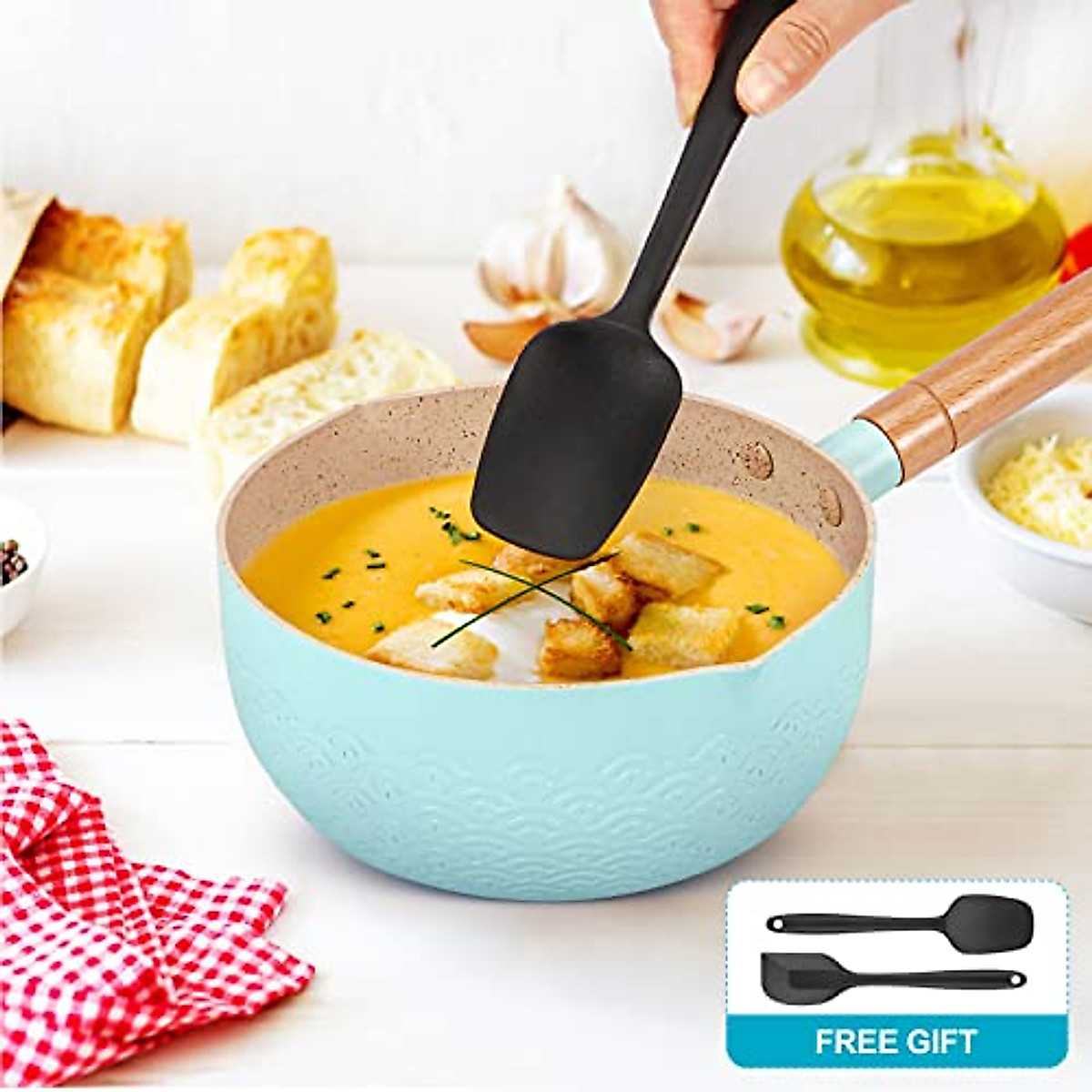 Sauce pan with Lid, 2.1 Quart Nonstick Small Pot, Induction Compatible Aluminum Cooking Pot with Silicone Spatula for Milk, Soup, Pasta, Egg, Rice (BLUE)