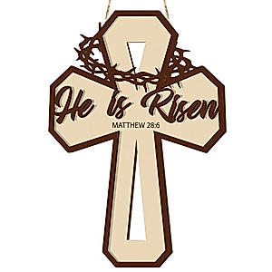 He Is Risen Door Sign Wooden Easter Cross Religious Decorations Rustic Religious Easter Decor Spring Christian Door Hanging Sign Wood Cross Hanger Signs for Home Wall Wreath Decoration Indoor Outdoor