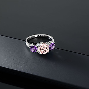 Gem Stone King 925 Sterling Silver Peach Nano Morganite and Purple Amethyst 3 Stone Engagement Ring For Women (2.95 Cttw, Gemstone October Birthstone, Cushion 8MM, Size 6)