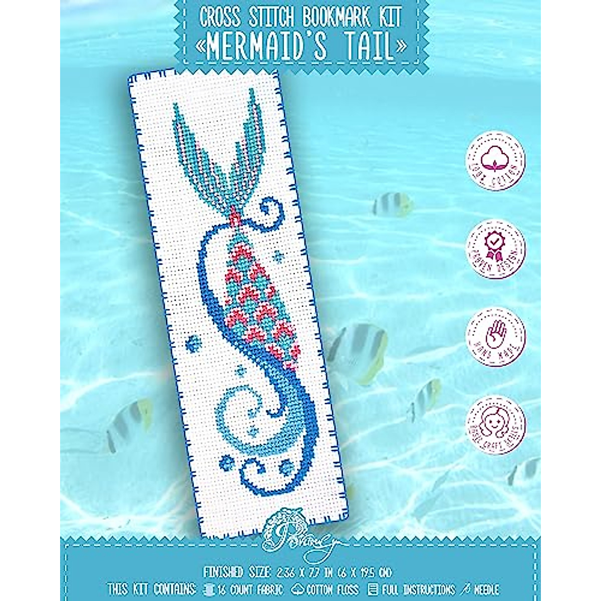 Povitrulya Mermaid's Tail - Counted Cross Stitch Bookmark Kit - DIY Embroidery Set for Adults with Paper Pattern, 16-Count Aida Canvas and Presorted Floss