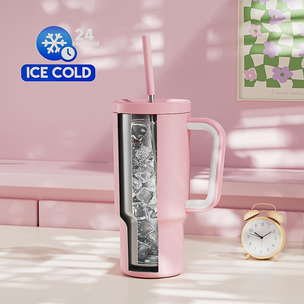 Meoky 24 oz Tumbler with Handle and Straw, 100% Leak-proof Tumbler with Lid and Straw, Insulated Stainless Steel Travel Coffee Mug, Keeps Cold for 24 Hours (Blush)