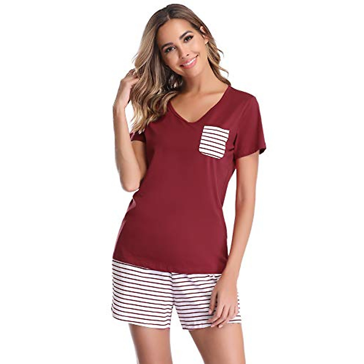 Vlazom Womens Pajama Set Cotton Short Pj Set Summer Stripe Lounge Set for Sleeping Yoga Gym Running Dark Red