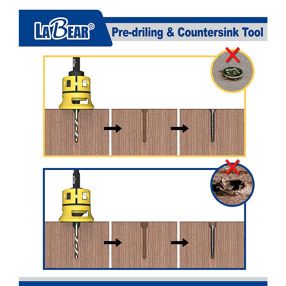 LaBear (#8) Countersink Drill bit Set, Countersink Drill bit, Countersink bit with Replaceable HSS Drill, 1/4" Hex Quick-Change Bits, Adjustable Low Friction Depth