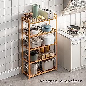 IOTXY Adjustable Multifunctional Shelving Unit - Small 4-Tier Bamboo Freestanding Shelf, Kitchen Organizer, Bathroom Towel Storage Shelves, Living Room Open Bookshelf, Entryway Shoe Rack, Light Green