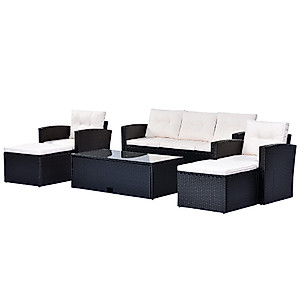 JIVOIT 6 Piece Outdoor Dining Sectional Sofa Set, All-Weather Wicker PE Rattan Furniture Sets with Coffee Table/Ottomans/Removable Cushions, Patio Conversation Set (Black Wicker, Beige Cushion)