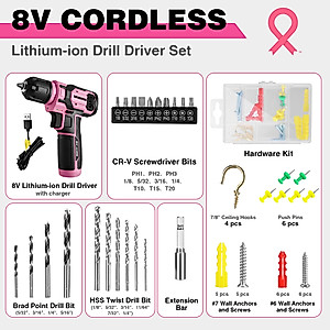 WORKPRO Pink Power Drill Set, 8V Cordless Drill Driver Set with 53pcs Bit Set, 2.0Ah Electric Cordless Drill Kit with 3/8" Keyless Chuck and Variable Speed Trigger, Portable Drill for DIY- Pink Ribbon