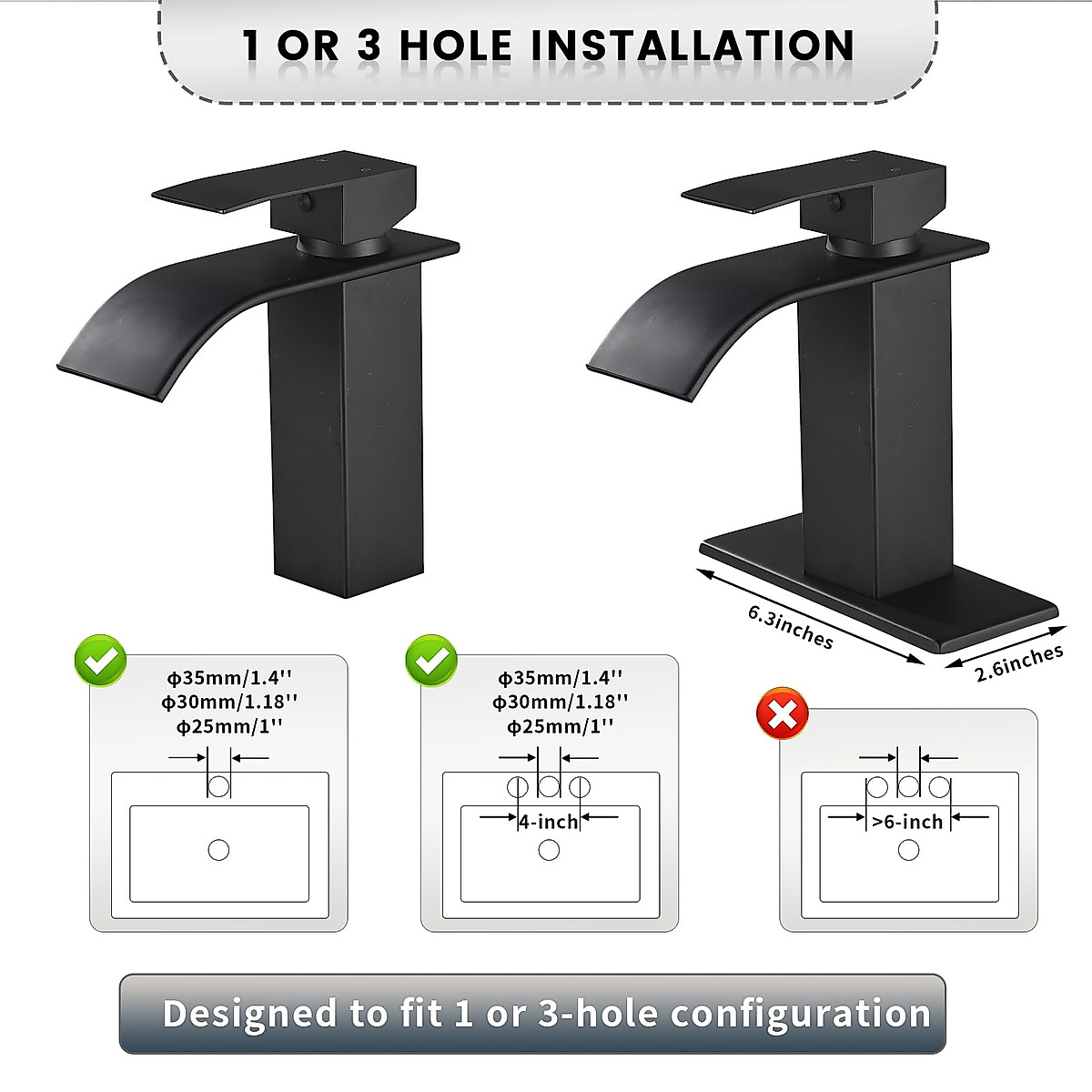 Bathroom Faucet Single Handle, 1 or 3 Hole Faucet Black Modern Bathroom Faucet, Waterfall Spout Faucet for Bathroom Sink, Single Handle Vanity Sink, Rv Lavatory Washbasin Faucet with Deck Plate & Hose