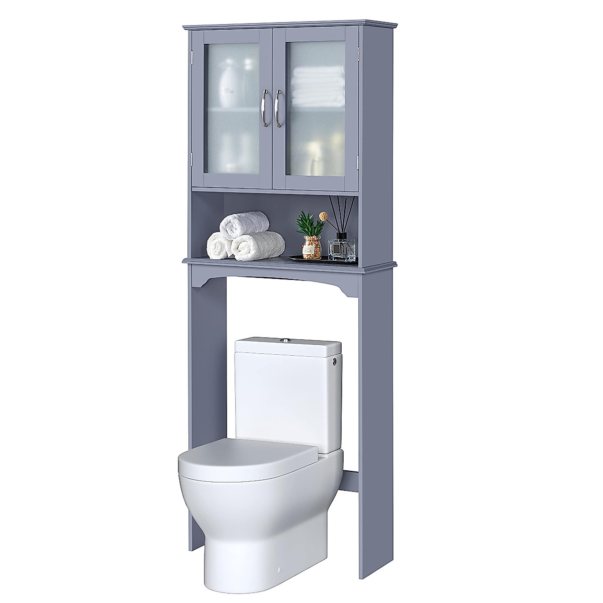 Yaheetech Over The Toilet Storage Cabinet, Free Standing Toilet Rack with Adjustable Shelves and Tempered Glass Doors for Bathroom Washroom, Grey