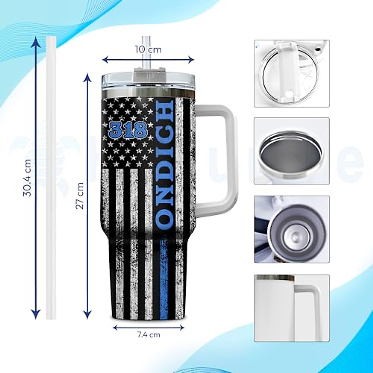 Hyturtle Police Gifts Personalized Thin Blue Line Tumbler US Flag Police Academy Graduation Gifts for Men Cops Officer Retirement 40 Oz Tumbler With Lid And Straw