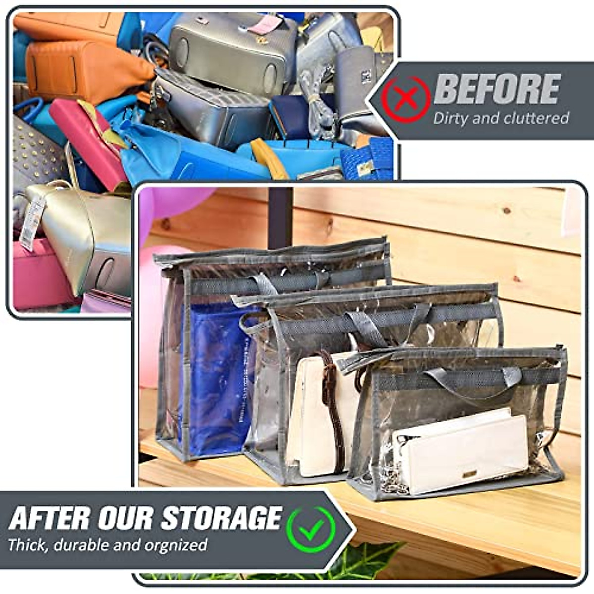 15 Pieces Dust Cover Organizer Bags for Handbags, 3 Sizes Clear Handbag Storage Bag Purse Storage with Zipper and Handles Dust Bags for Purses Handbags Closet, 5 Each Size (Gray)