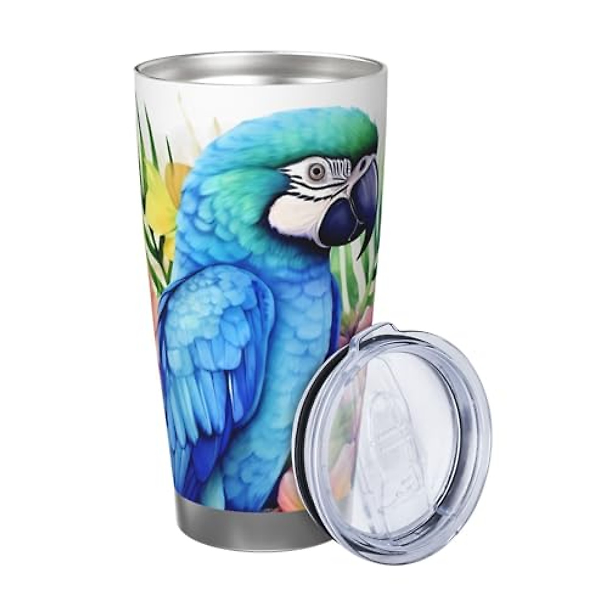 Blue Parrot in Flowers Tumbler with Lid and Straw 20oz Stainless Steel Car Cup for Hot and Cold Drinks, Double Wall Insulated Travel Coffee Mug Reusable Drink Thermos Cup Birthday Gifts