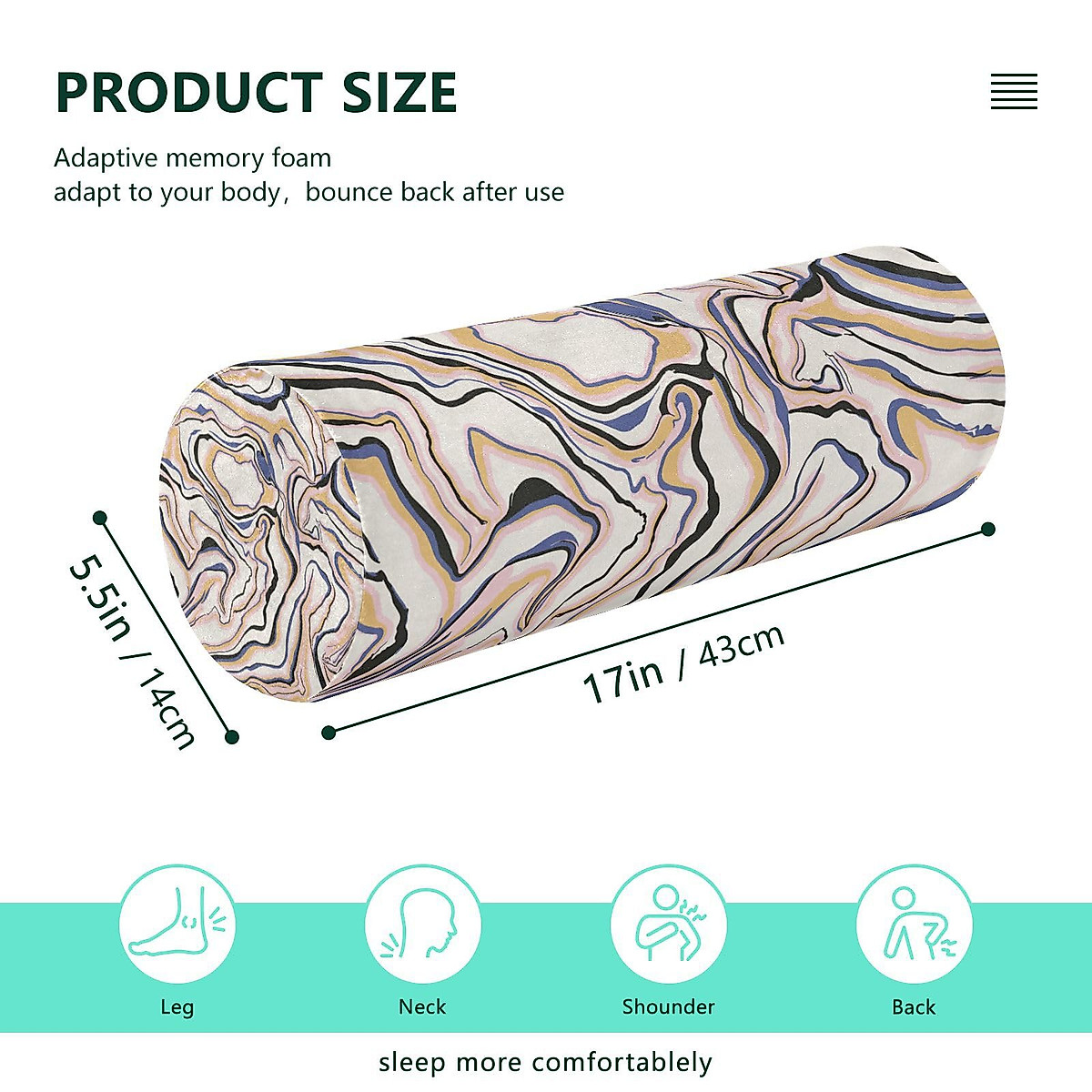 JUNZAN Liquid Marble Texture Pattern Bed Bolster Pillow Pillow Covers Neck Roll Pillow Covers Decorative Massage Table Cushion Pad Foam Car Neck Support Pillow