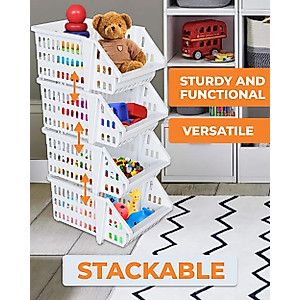 Skywin Plastic Stackable Storage Bins for Pantry - 4-Pack Small Open Front Storage Bins For Toy Organizers and Storage Bins For Pantry, Kitchen, and Bathroom Essentials (White)