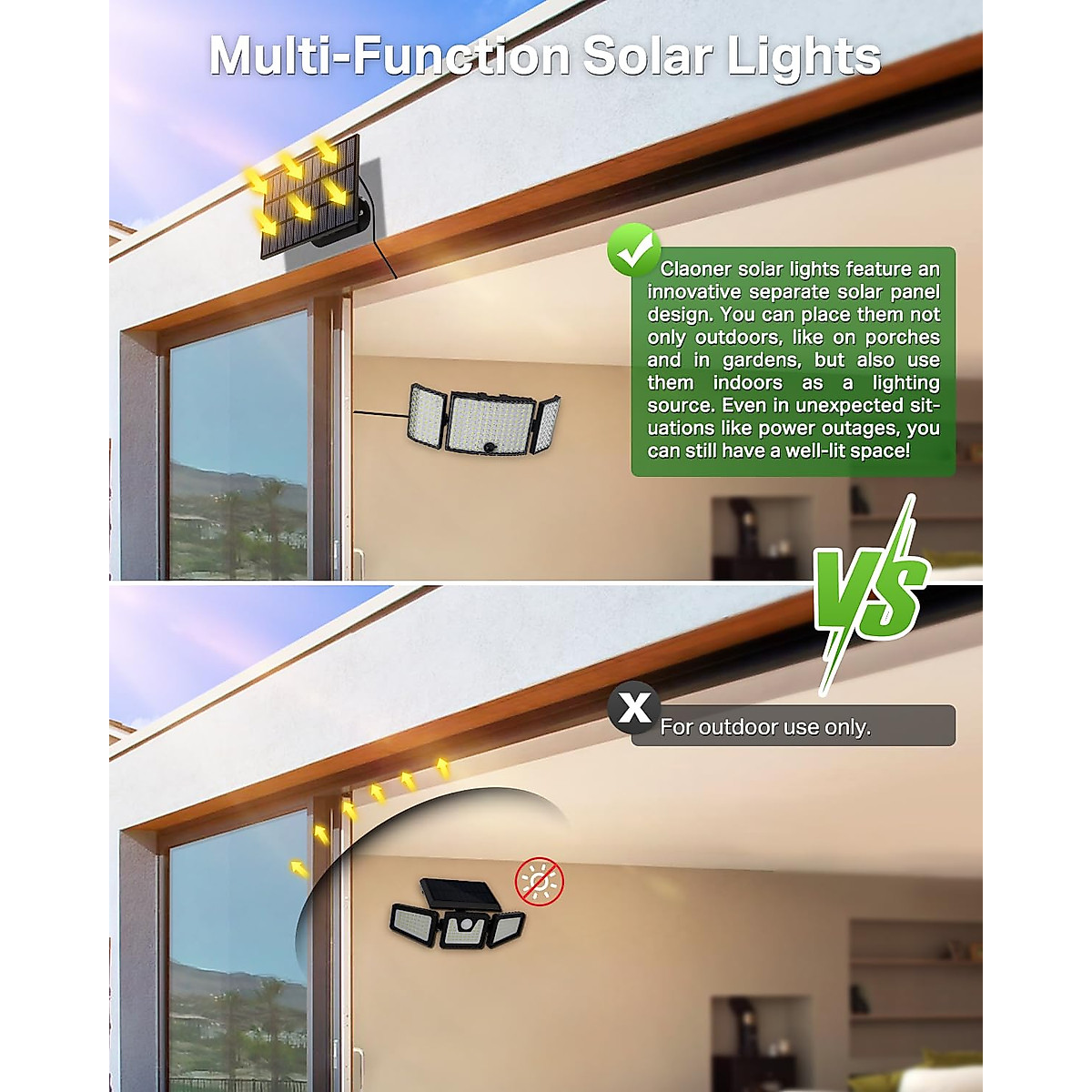 CLAONER Motion Sensor Outdoor Lights - 3500LM 234 LED Solar Outdoor Lights with Remote Control, IP65 Waterproof 3 Heads Flood Lights, 330° Lighting Angle Solar Security Lights with 16.4ft Cable 2 Pack