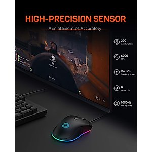 DAREU Wired Gaming Mouse, 6400DPI,6 Programmable Buttons, Ergonomic RGB Gaming Mouse with 16.8 Million Chroma 7 Backlit for PC, Laptop, and Notebook