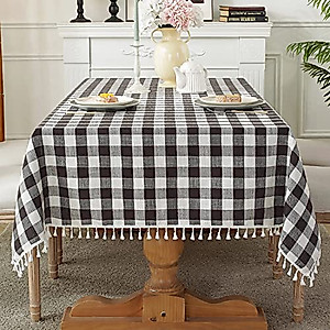 Laolitou Checkered Tablecloth Rectangle Washable Halloween Buffalo Plaid Table Cloth with Tassel Cotton Linen Gingham Table Cover for Picnic Kitchen Dining Room, Black and White, 70 Inch