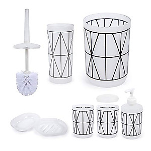 Bodico Decorative 6-Piece Geo Print Plastic Bathroom Accessory Set, 7.5 x 13.5 inches, Black