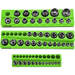 VEVOR 3-Pack SAE Magnetic Socket Organizers, 1/4", 3/8", 1/2" Magnetic Socket Holder Hold 68 Sockets, Green Tool Box Organizer for Sockets Storage