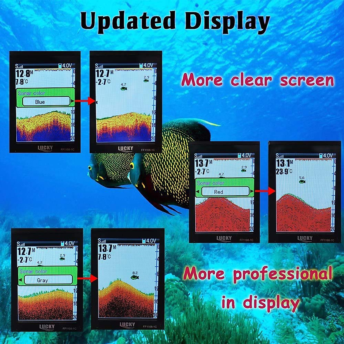 LUCKY Portable Fish Finder Transducer Sonar Sensor 147 Feet Water Depth Finder LCD Screen Echo Sounder Fishfinder with Fish Attractive Lamp for Ice Fishing Sea Fishing