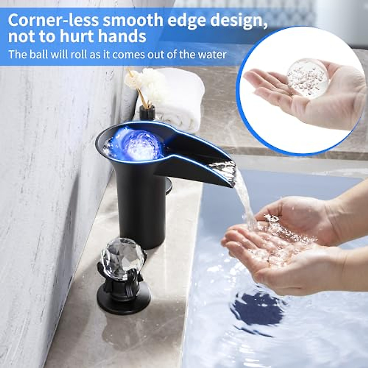 SKOWLL Waterfall Bathroom Faucet, Deck Mount 8 Inch Widespread Bath Sink Faucet 2 Crystal Handle Vanity Faucet with LED Light, Matte Black