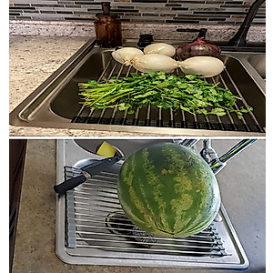 Vseegrs Roll Up Dish Drying Rack (17" L x 16" W), Over Sink Dish Drying Rack, Foldable Stainless Steel Dish Drying Rack, Rolling Srying Rack for Sink Counter (Gray)