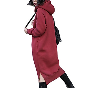 NUTEXROL Womens Thickening Long Fleece Sweatshirt String Hoodie Dress Pullover Plus Size, XX-Large, Red