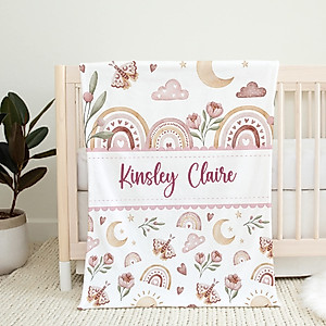 Custom Name Blankets for Baby Girls | Boho Flowers Personalized Baby Blanket with Name (Boho Rainbow)