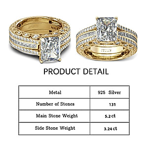 Jeulia Wedding Radiant Cut Ring: 3PC CZ Diamond Engagement Ring Set Promise Anniversary Rings with Side Stones Romantic Jewelry Gift for Her with Gift Box (Yellow Gold, 9.5)