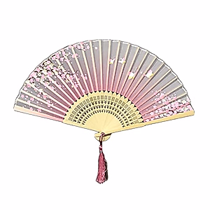 Decorative Folding Fans Silk Handheld Floral Folding Fans Hand Held Fans Floral Folded Fan with Tassel Chinese Vintage Style Handheld Fan Daily Use Gift Hand Fan Vintage style (Color : Light Pink)