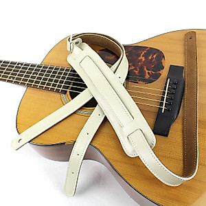 Walker And Williams C-18-WHT Aged White Premium Signature Grain Leather Vintage Style Guitar Strap With Deluxe Suede Pad Extra Long For Acoustic, Electric, And Bass Guitars