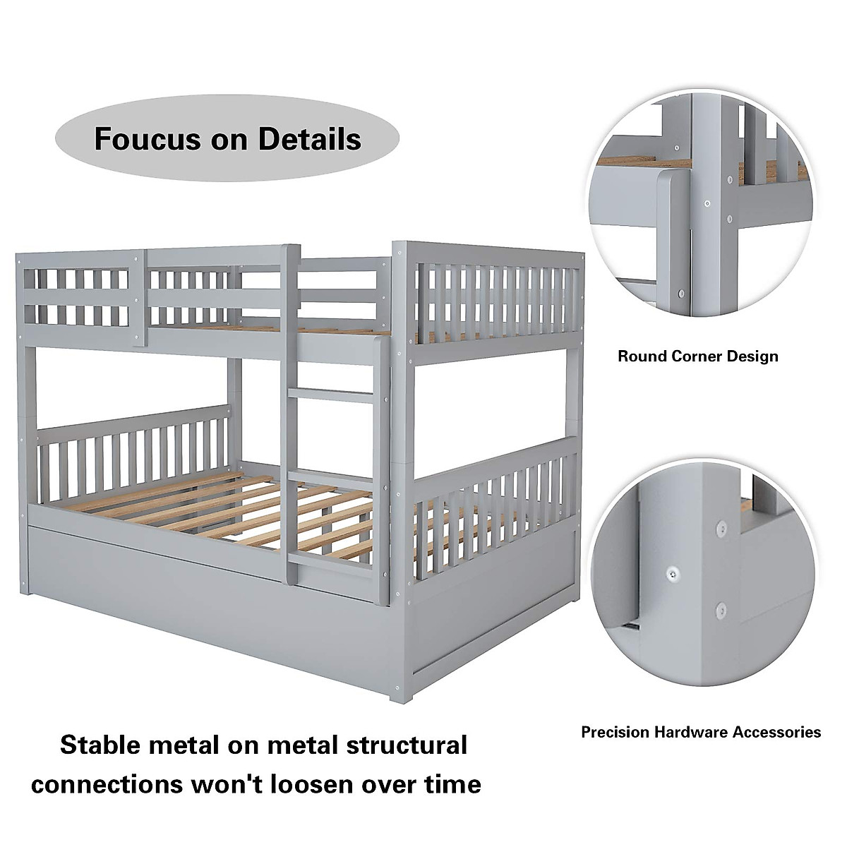 Olela Full Over Full Bunk Bed with Twin Trundle,Convertible Wood Full Bunk Bed Frame with Trundle Guard Rail Ladder for Kids Teens,No Box Spring Need,Gray