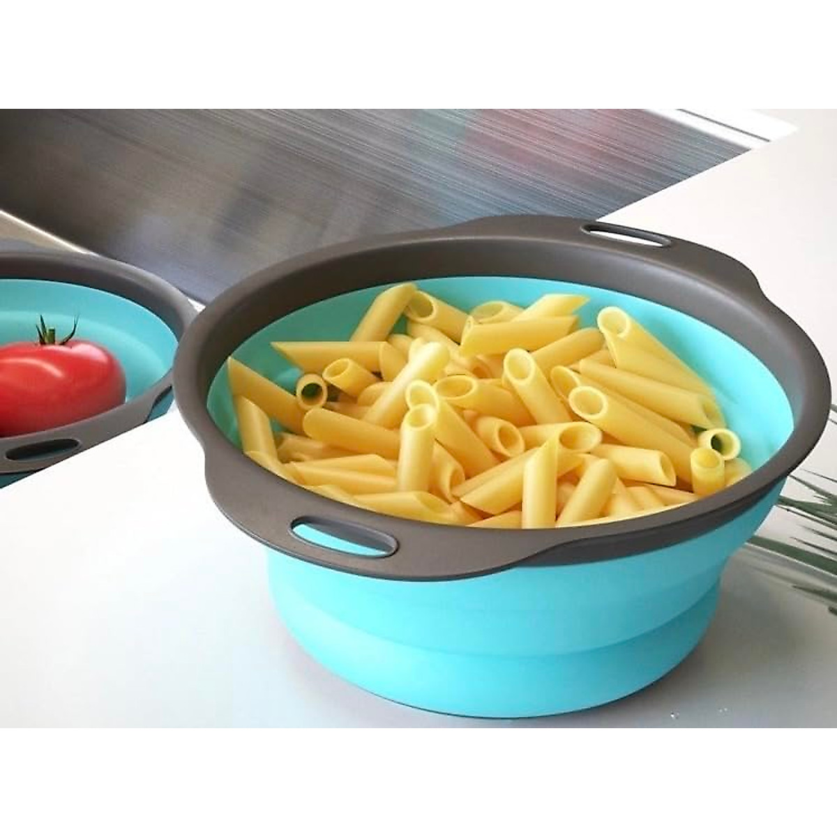 Set of 3 Niklye Ultimate Kitchen Strainers includes 1-10 inch & 2-12 inch. Collapsible Silicone Colanders For Easy Storage - Use with Pasta & Veggies or as a Fruit or Berry Bowl with Strainer., large