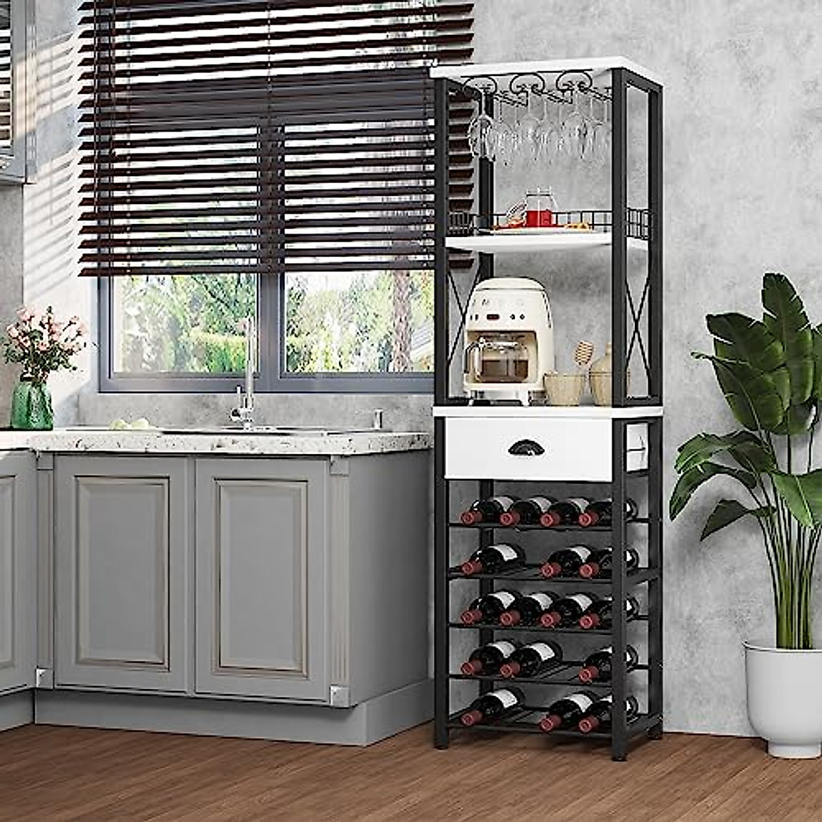 Homeiju Wine Rack Freestanding Floor, Bar Cabinet for Liquor and Glasses, 4-Tier bar Cabinet with Tabletop, Glass Holder, Storage Drawer and Wine Storage for Living Room, Home Bar(Patent No.D29872845)