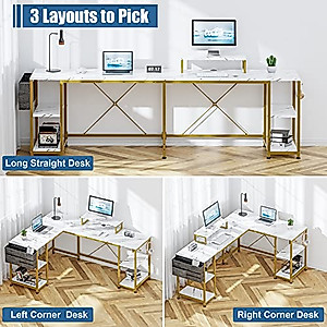 Lulive L Shaped Desk, 95" Reversible Corner Computer Desk with Shelves, Monitor Stand, Storage Bag, Hooks, 2 Person Long Desk for Home Office Writing Study Workstation (White Faux Marble)
