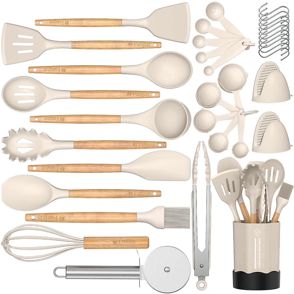 Kitchen Cooking Utensil Set, Fungun 35 pcs Cooking Utensils - Nonstick Kitchen Utensils Cookware Set Spatula Set -Kitchen Gadgets Utensils Set, Kitchen Tools Gift-khaki