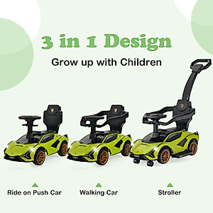 OLAKIDS 3 in 1 Ride on Push Car, Licensed Lamborghini SIAN Baby Sliding with Parent Control Handle Universal Wheels Guardrails, Toddlers Walking Toy with Music, Under Seat Storage (Green)