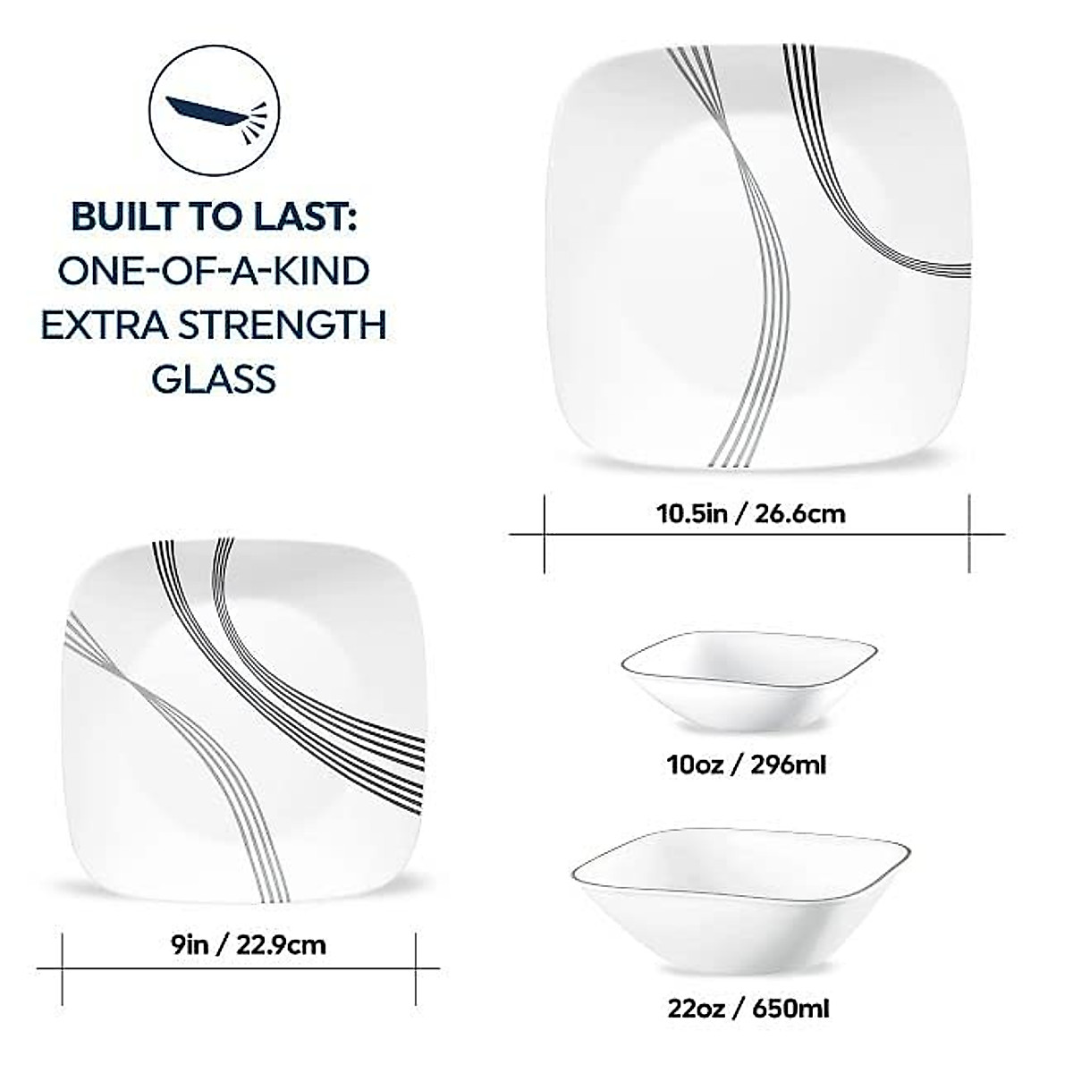 Corelle Urban Arc 16pc, Service for 4, Dinnerware Set, 8 Plates Bowls, Chip & Break Resistant, Dinner and Corelleware White