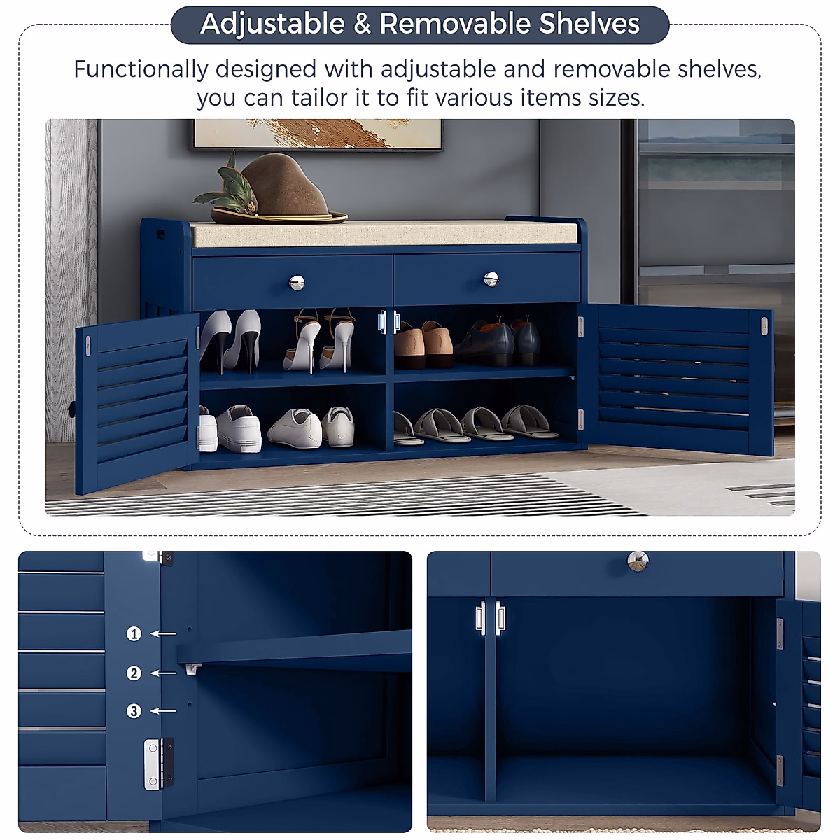 WARMHONIU Shoe Storage Bench with 2 Drawers & 2 Doors, Entryway Bench with Cushion, 2 Adjustable Shelves, Shoe Cabinet with Storage Space for Entryway, Living Room, Hallway, Mudroom, Bedroom, Blue