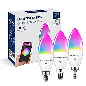 Lightinginside E12 Smart Bulb 60W Equivalent, 500LM 6W WiFi Candelabra LED Light Bulb Compatible with Alexa/Google Home, No Hub Required, RGBCW Chandelier Candle Bulb, 2.4G WiFi Only, ETL Listed, 3PCS