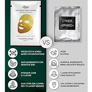 24K Gold Facial Masks for Women Skin Care Anti Aging - Collagen Moisturizing Sheet Mask for Sensitive Skin - Brightening Korean Face Mask - Hydrating Mask to Reduce Fine Lines & Wrinkles by Elixir (4 Pack)
