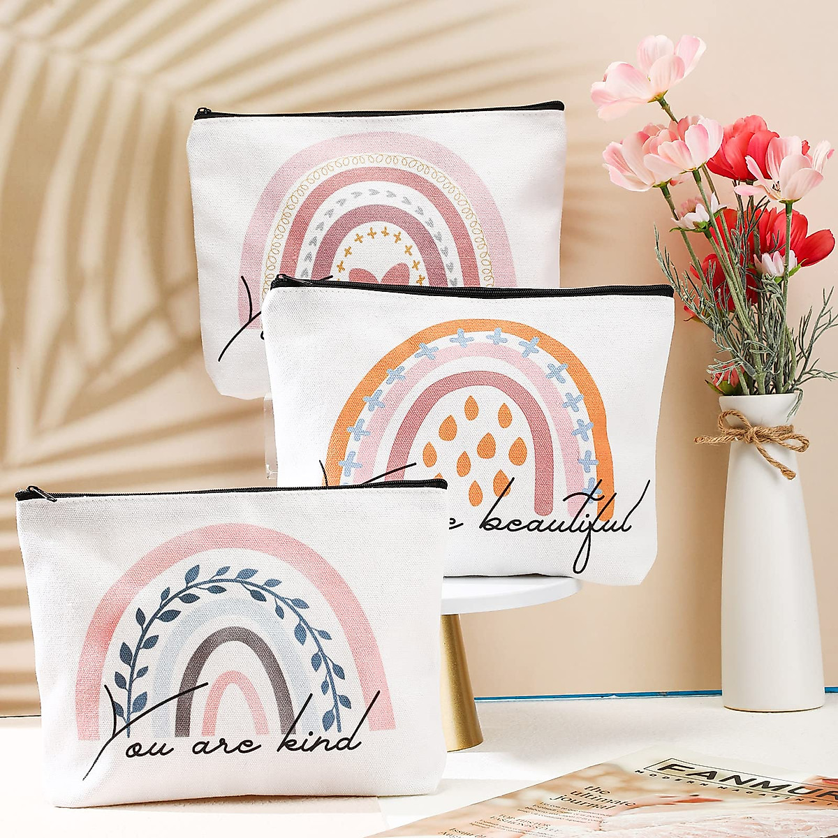 Saintrygo 4 Pcs Rainbow Cosmetic Bag Teacher Nurse Inspirational Gift Bags for Women Girls You Are Loved Beautiful Kind Makeup Bag Bulk Personalized Canvas Purse Pouch for Toiletry Travel(Fresh)