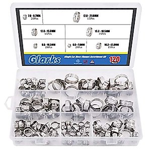 Glarks 120Pcs 7-21mm 304 Stainless Steel Single Ear Hose Clamps Assortment Kit