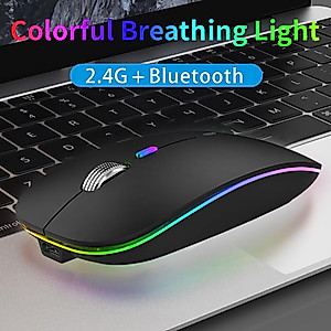 TENMOS Wireless Bluetooth Mouse, LED Slim Dual Mode (Bluetooth 5.1 + USB) 2.4GHz Rechargeable Silent Bluetooth Wireless Mouse with Type C Adapter for Laptop/Macbook/iPad OS 13 and above (Matte Black)