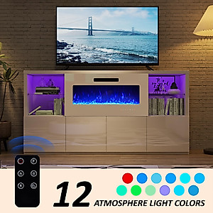AMERLIFE 68" Fireplace TV Stand with 40" Fireplace, Modern High Gloss Fireplace Entertainment Center with LED Lights for TVs up to 78", TV Console with Glass Shelves for Living Room, White