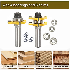 Sinoprotools Tongue and Groove Router Bit Set 1/2 Inch Shank, 1-3/4" Cutting Diameter, 3 Teeth Adjustable T Shape Wood Milling Cutter, 2pcs Tongue and Groove Router Bits for Woodworking
