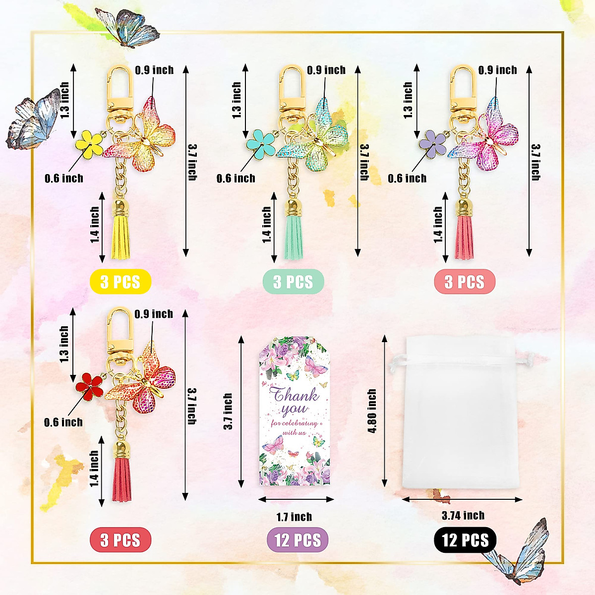 12 Sets Butterfly Party Favors Tassel Keychain Fairy Party Decorations with Laser Butterfly Flower Gauze Bag Thank You Cards for Butterfly Theme Birthday Party Baby Shower Goodie Bag Decor (Butterfly)