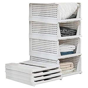 jocabo Folding Wardrobe Storage Box 4-Pack Plastic Drawer Organizer Stackable Shelf Baskets Cloth Closet Containers Bin Cubes,Home Office Bedroom Laundry Fold Pull Out Dividers for Clothes,Toys White