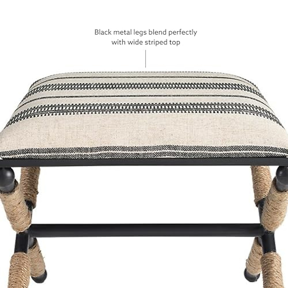 Linon Farrow Black Metal and Natural and Black Stripe Upholstered Campaign Ottoman