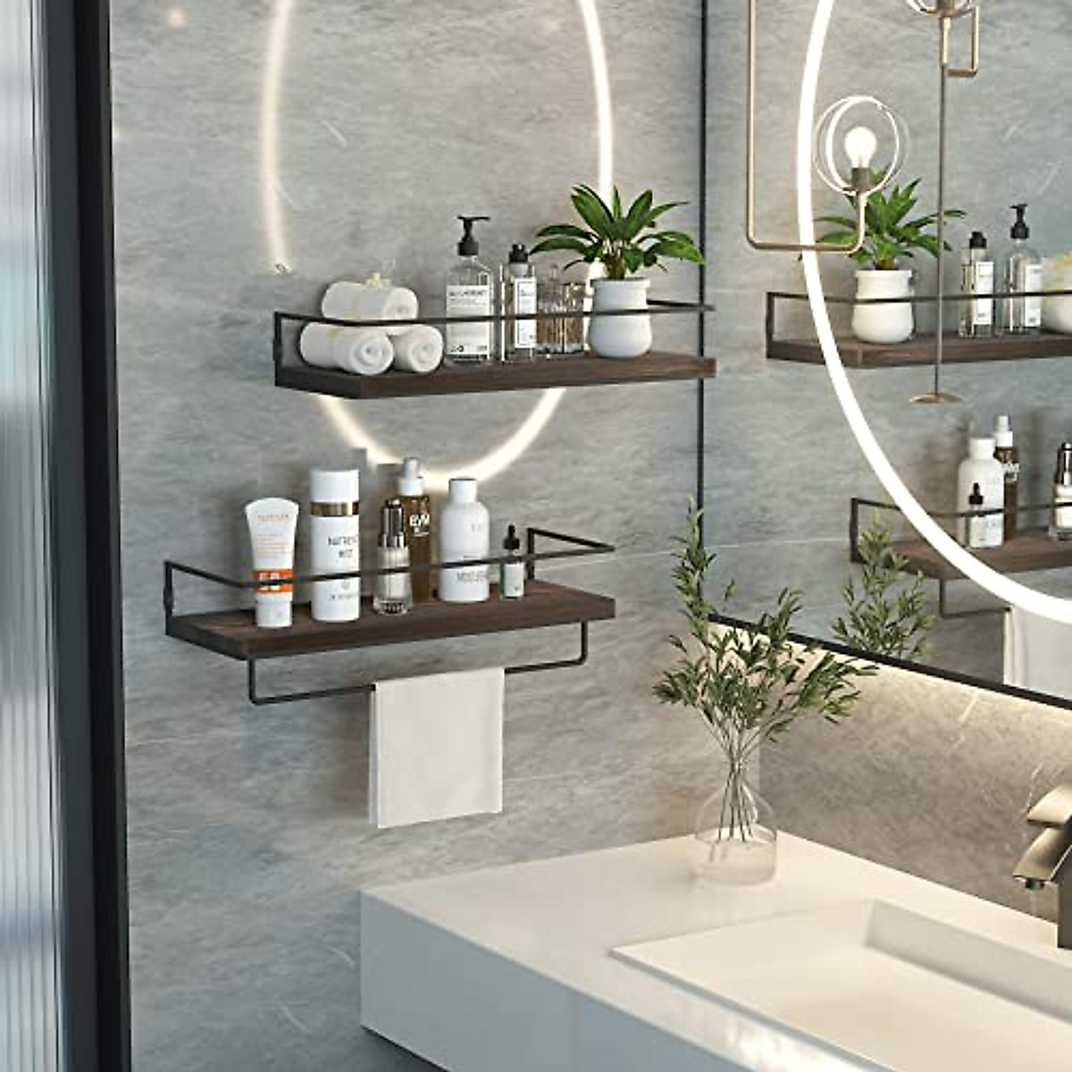 ZGO Floating Shelves for Wall Set of 2, Wall Mounted Storage Shelves with Metal Frame and Towel Rack for Bathroom, Kitchen, Bedroom